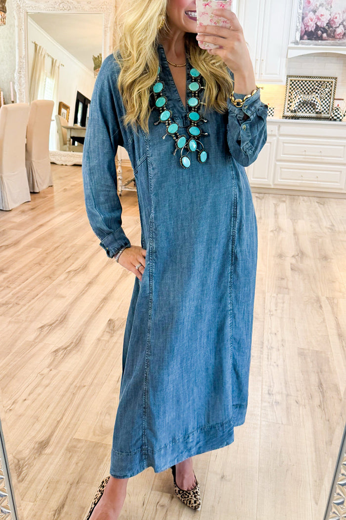 Denim Caftan Pockets Midi Dress – miniesboutique
